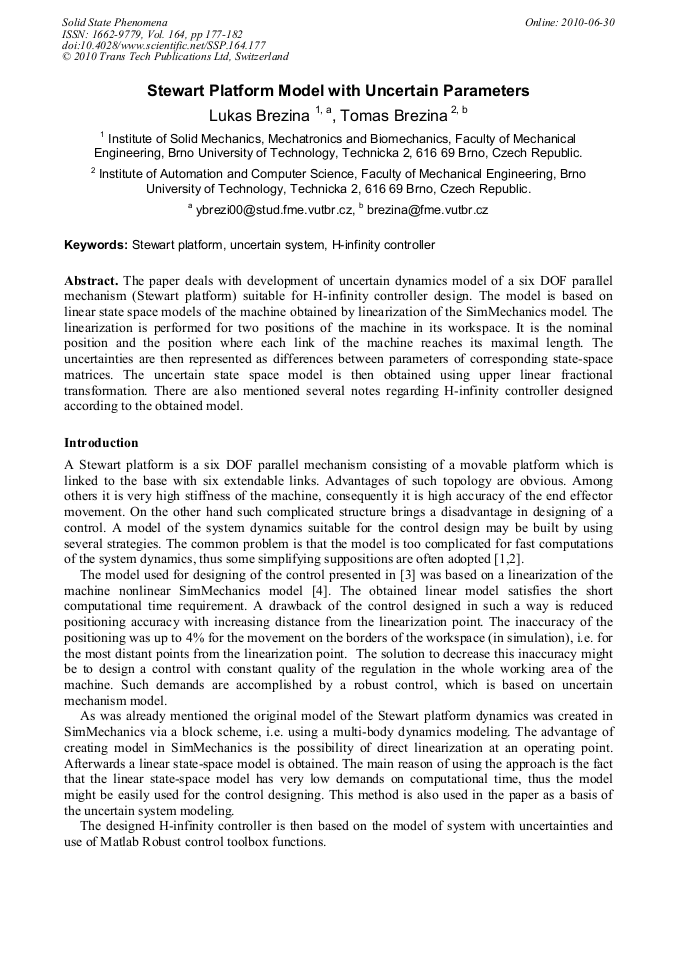 Stewart Platform Model with Uncertain Parameters | Scientific.Net