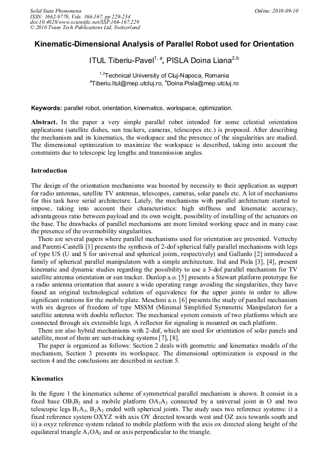 Kinematic-Dimensional Analysis of Parallel Robot Used for Orientation ...