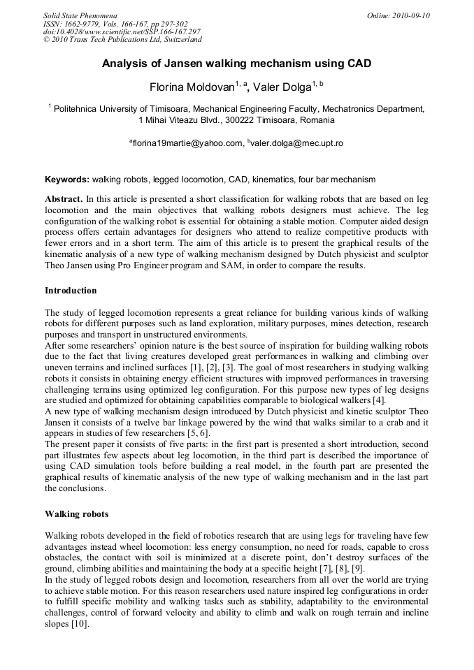 Analysis of Jansen Walking Mechanism Using CAD | Scientific.Net