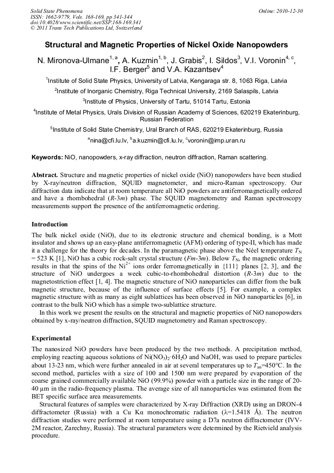 Structural and Magnetic Properties of Nickel Oxide Nanopowders ...