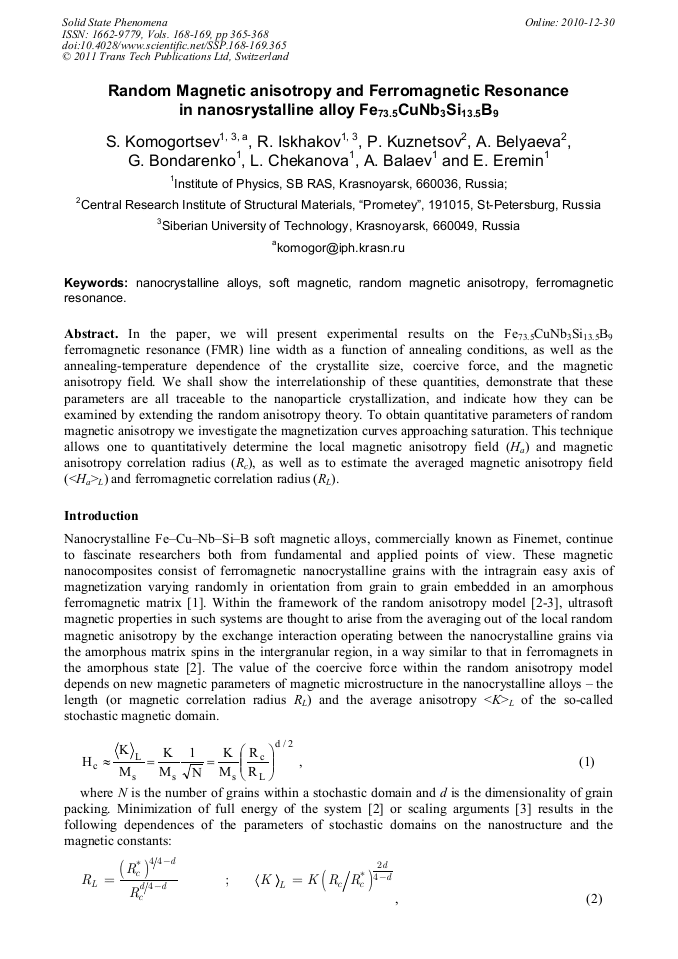Random Magnetic Anisotropy and Ferromagnetic Resonance in Nanosrystalline Alloy Fe73.5CuNb3Si13 ...