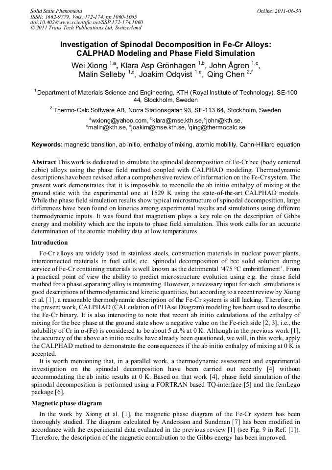 Investigation of Spinodal Decomposition in Fe-Cr Alloys: CALPHAD Modeling and Phase Field ...