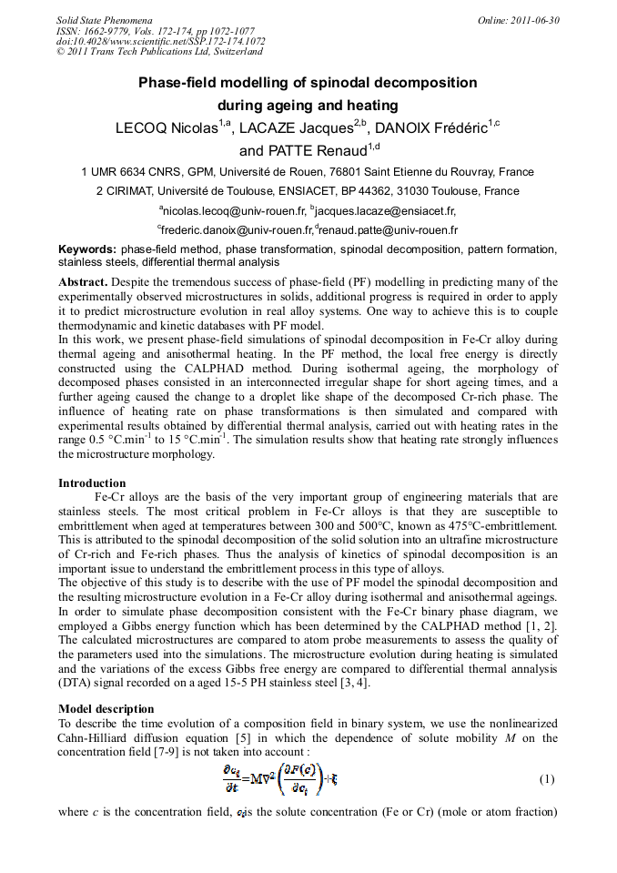 Phase-Field Modelling of Spinodal Decomposition during Ageing and Heating | Scientific.Net
