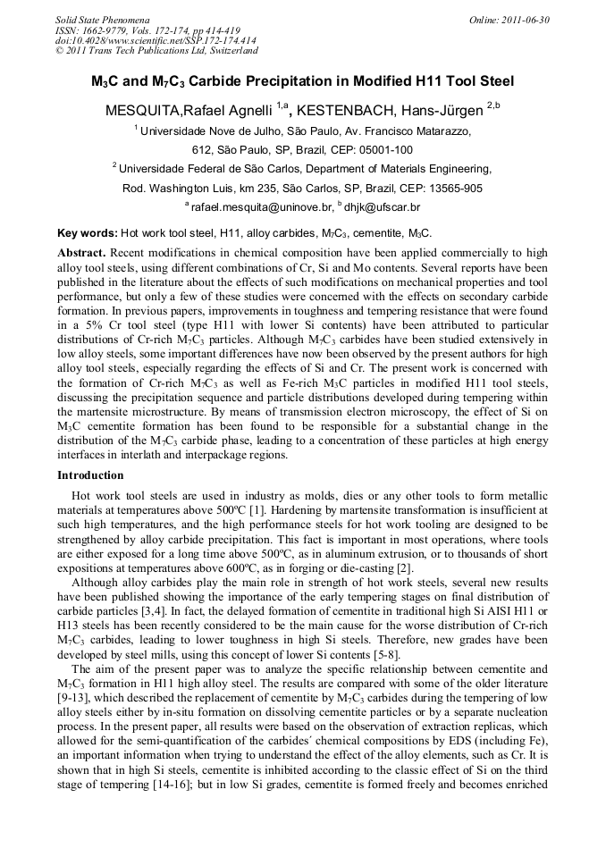 M3C and M7C3 Carbide Precipitation in Modified H11 Tool Steel ...