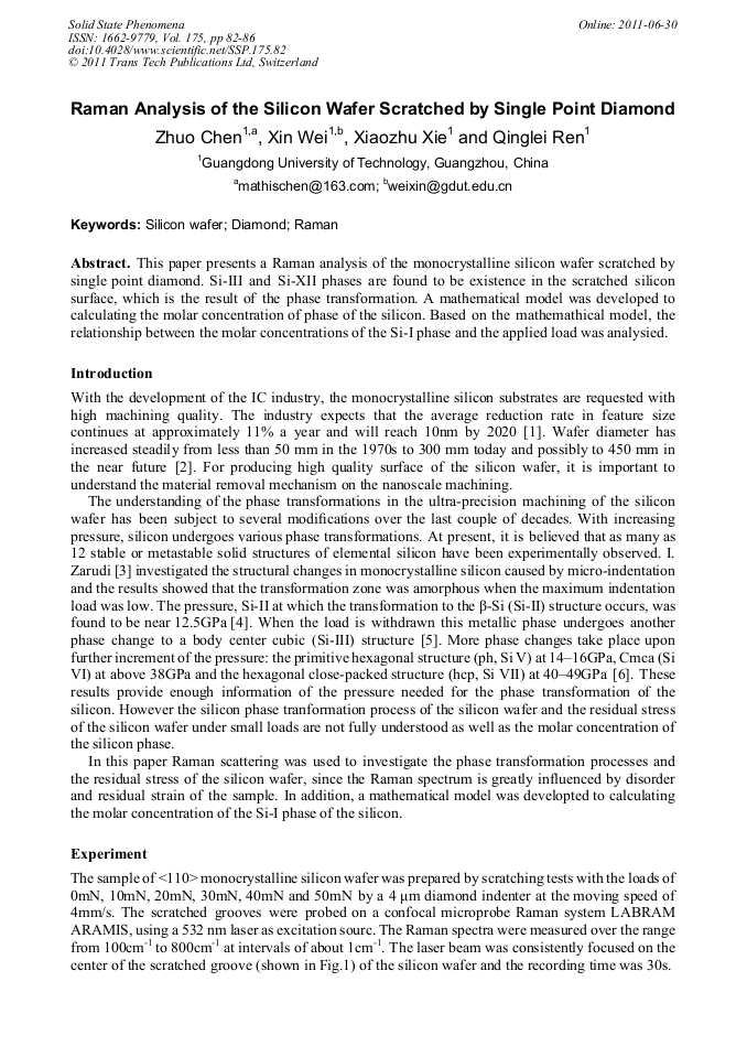 Raman Analysis of the Silicon Wafer Scratched by Single Point Diamond ...