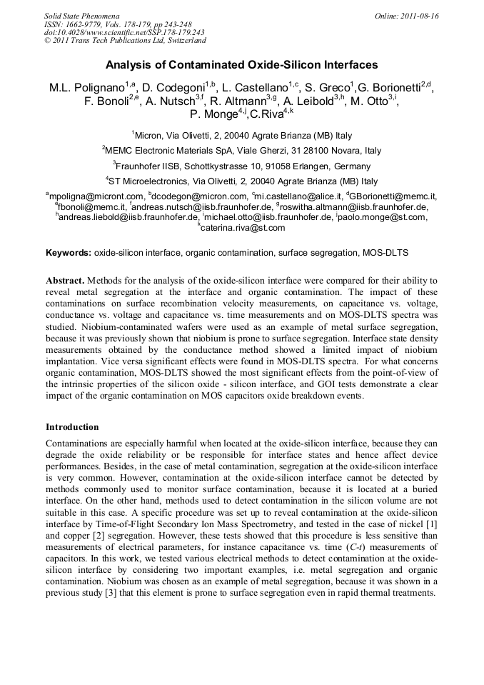 Analysis of Contaminated Oxide-Silicon Interfaces | Scientific.Net