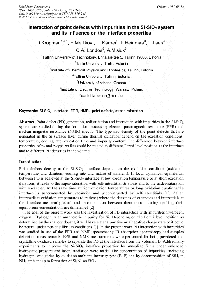 Interaction of Point Defects with Impurities in the Si-SiO2 System and its Influence on the ...