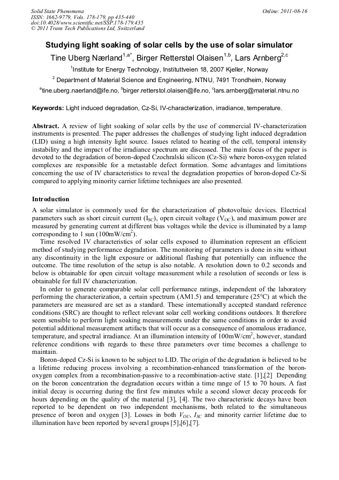 Studying Light Soaking of Solar Cells by the Use of Solar Simulator ...