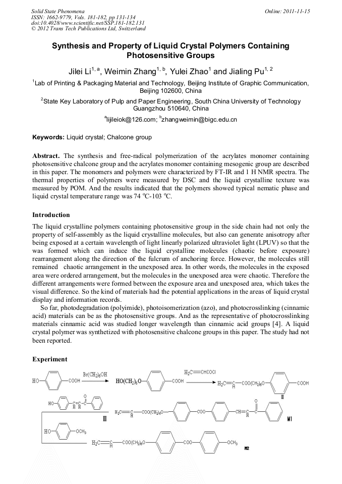 Synthesis and Property of Liquid Crystal Polymers Containing ...