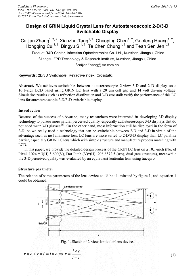 Design of GRIN Liquid Crystal Lens for Autostereoscopic 2-D/3-D ...