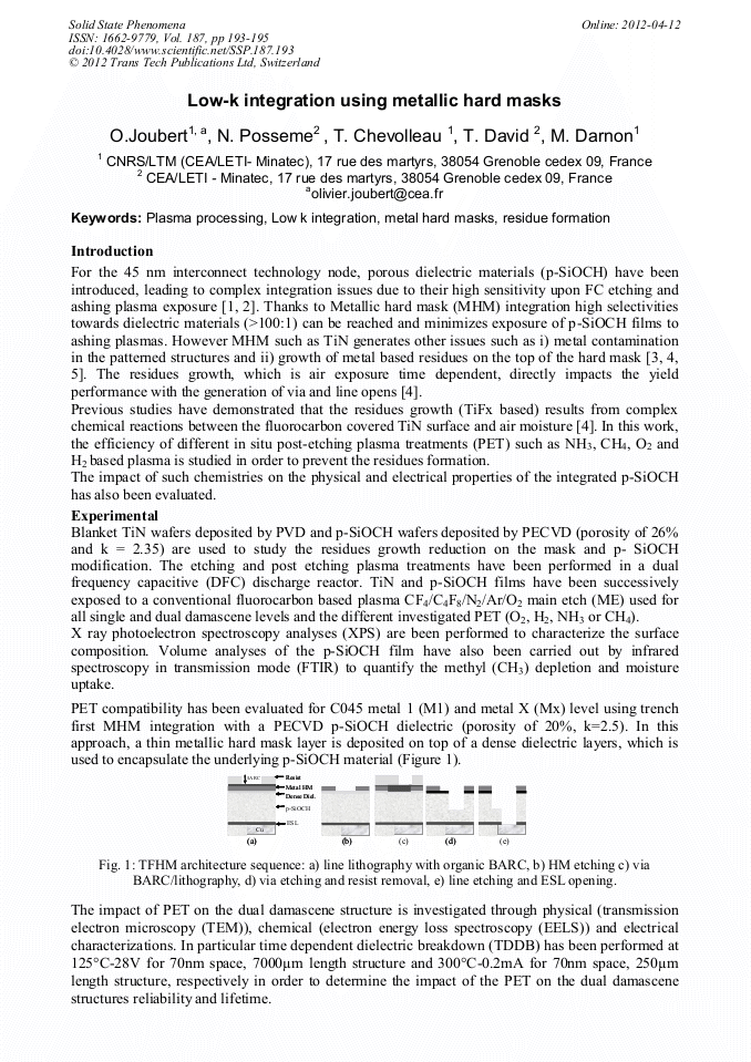 Low-k Integration Using Metallic Hard Masks | Scientific.Net
