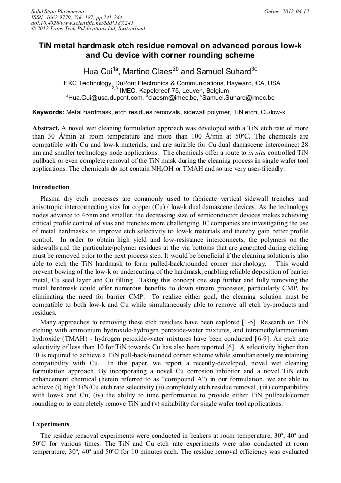 TiN Metal Hardmask Etch Residue Removal on Advanced Porous Low-k and Cu ...