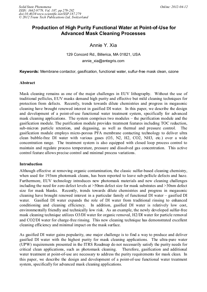 Production of High Purity Functional Water at Point-of-Use for Advanced ...