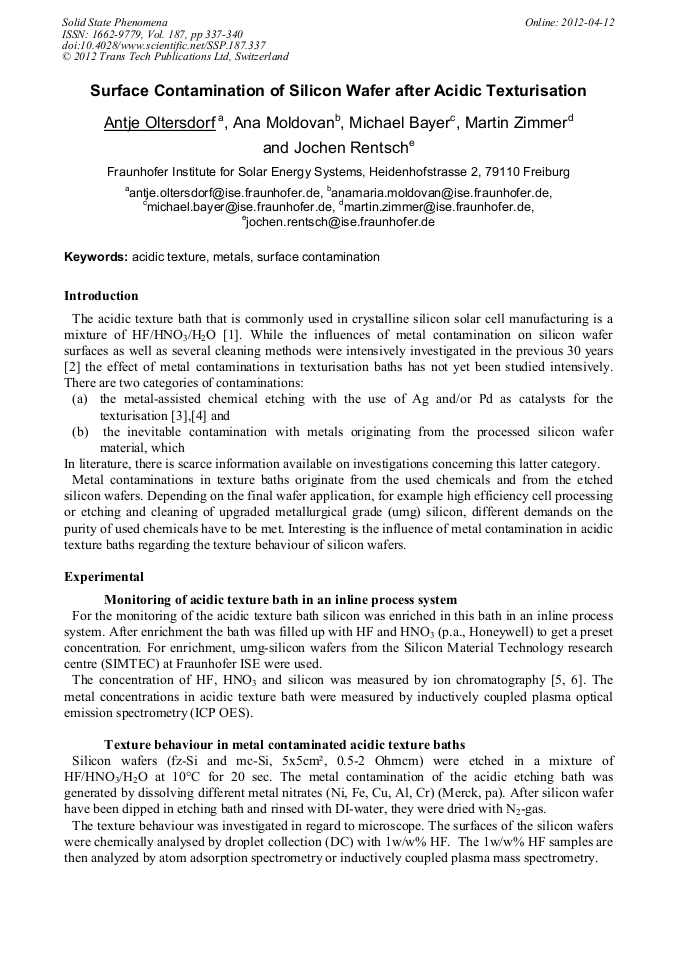 Surface Contamination of Silicon Wafer after Acidic Texturisation ...