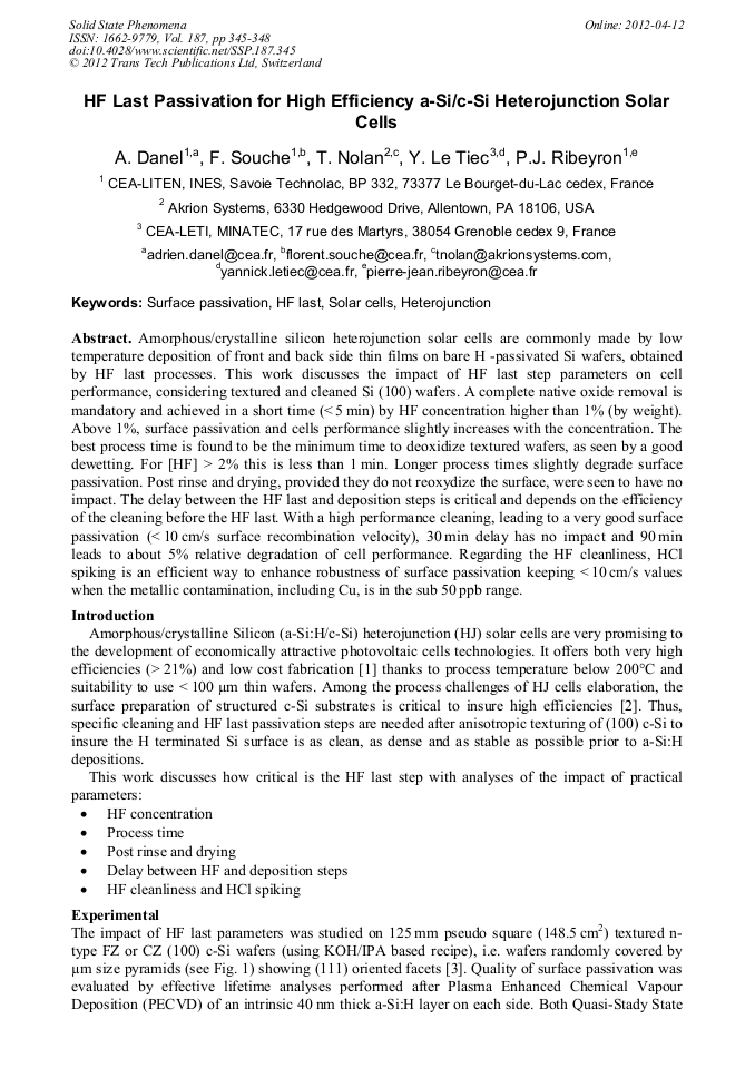 HF Last Passivation for High Efficiency a-Si/c-Si Heterojunction Solar ...