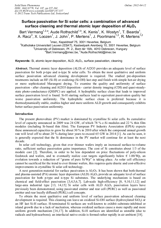 Surface Passivation for Si Solar Cells: A Combination of Advanced ...