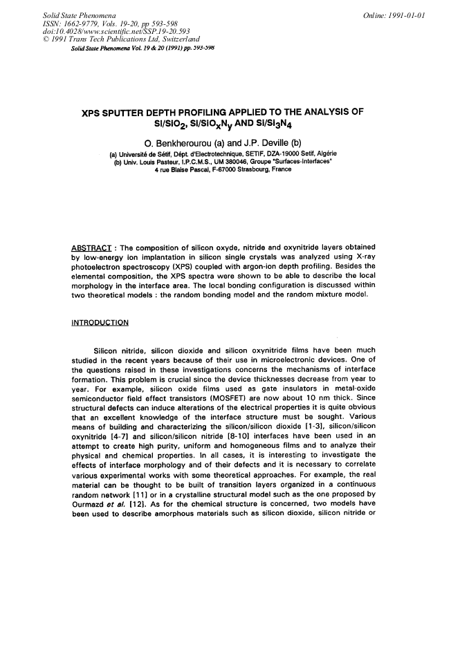 XPS Sputter Depth Profiling Applid to the Analysis of Si/SiO2, Si ...