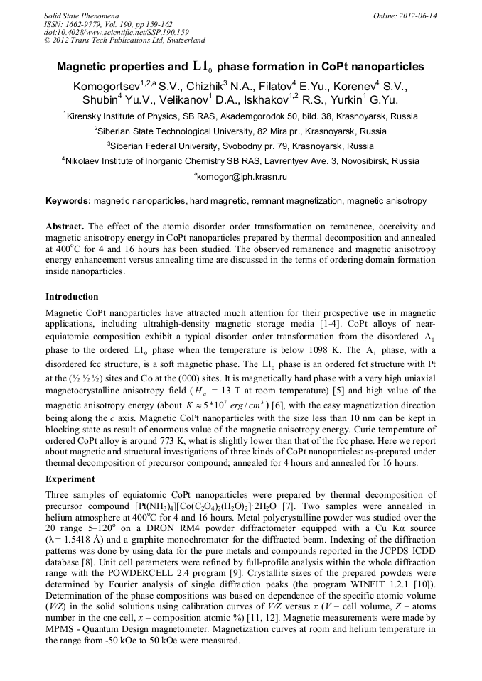 Magnetic Properties and L10 Phase Formation in CoPt Nanoparticles ...