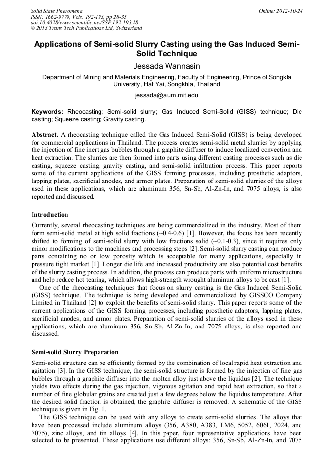 Applications of Semi-Solid Slurry Casting Using the Gas Induced Semi ...