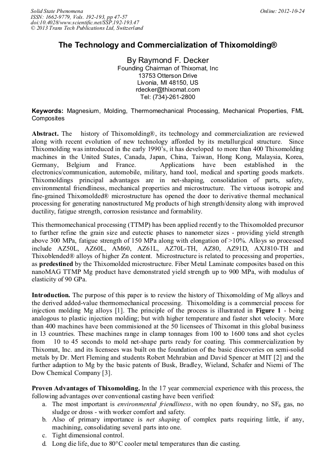 The Technology and Commercialization of Thixomolding® | Scientific.Net