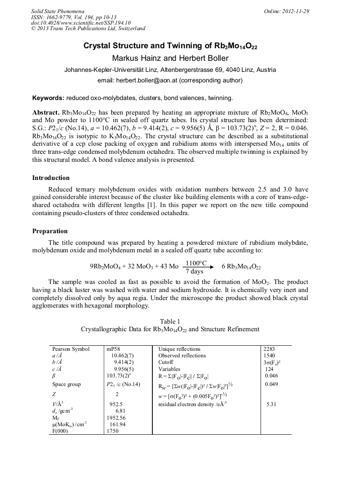 Crystal Structure and Twinning of Rb3Mo14O22 | Scientific.Net