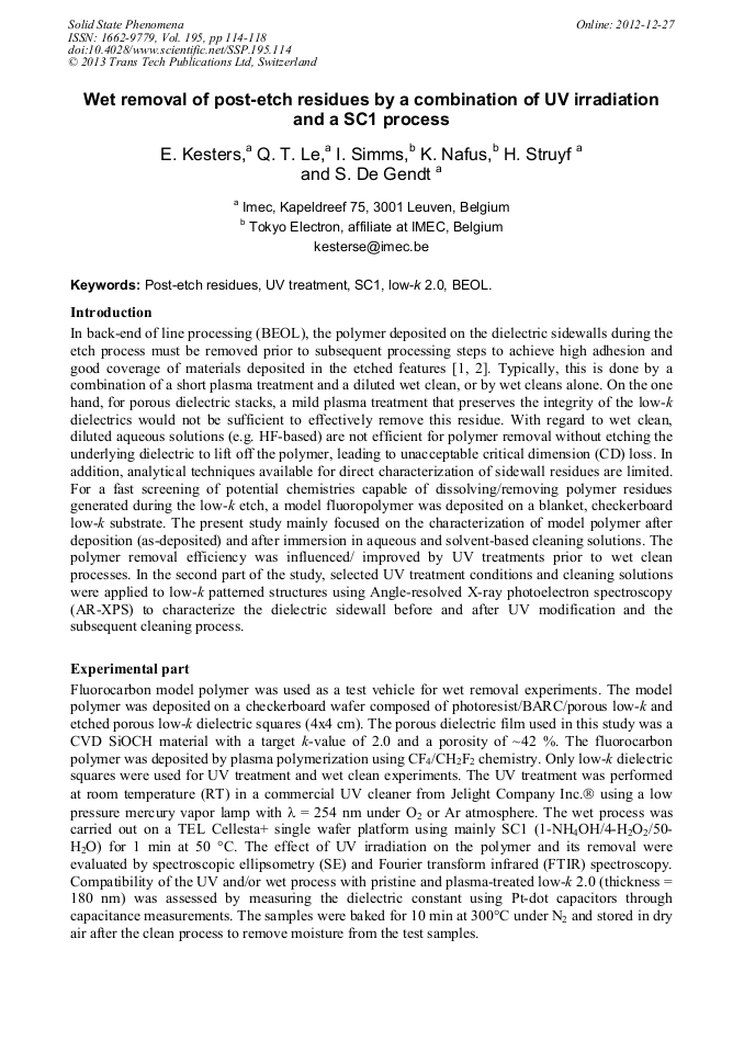 Wet Removal of Post-Etch Residues by a Combination of UV Irradiation ...