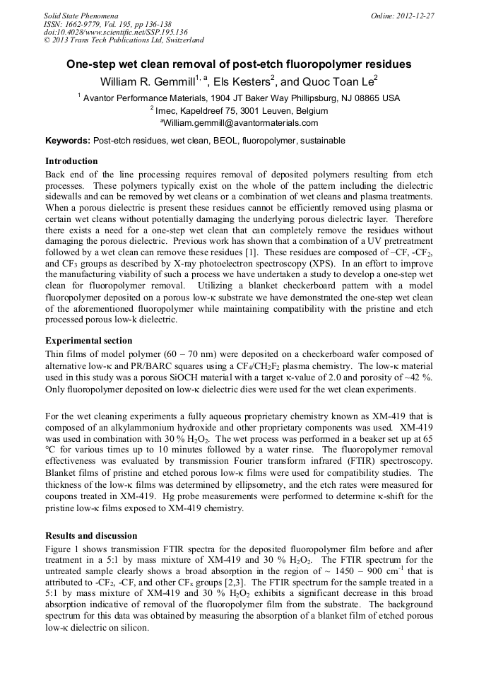 One-Step Wet Clean Removal of Post-Etch Fluoropolymer Residues ...
