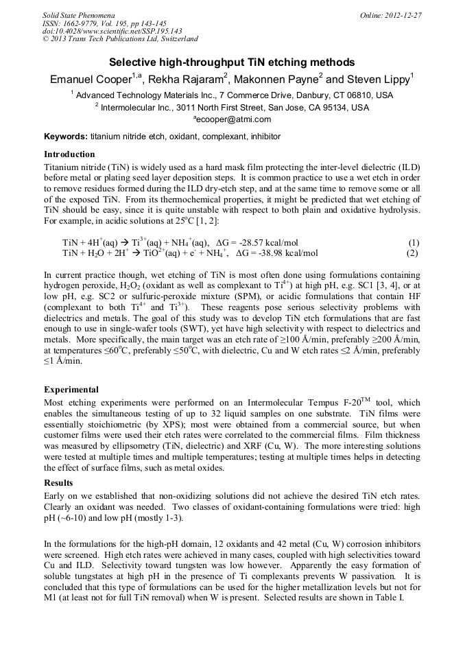 Selective High-Throughput TiN Etching Methods | Scientific.Net
