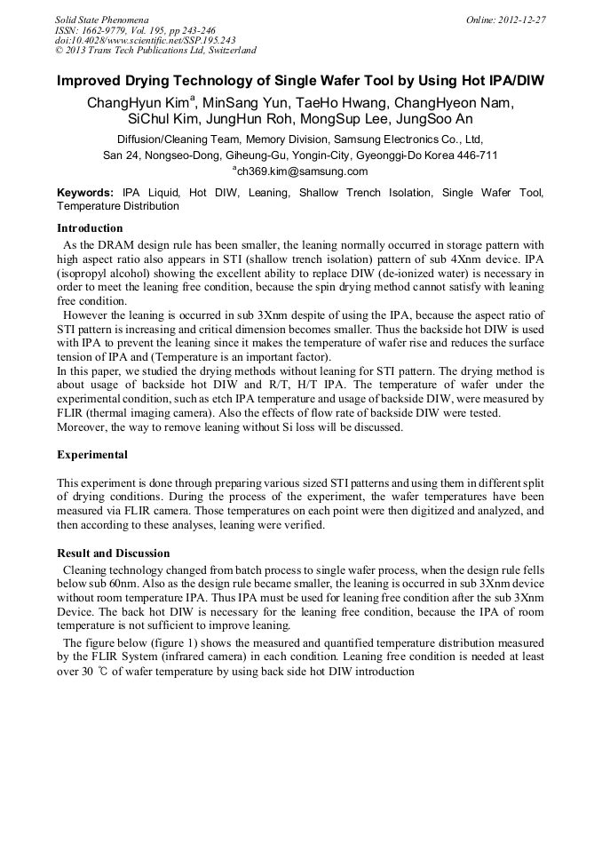 Improved Drying Technology of Single Wafer Tool by Using Hot IPA/DIW ...