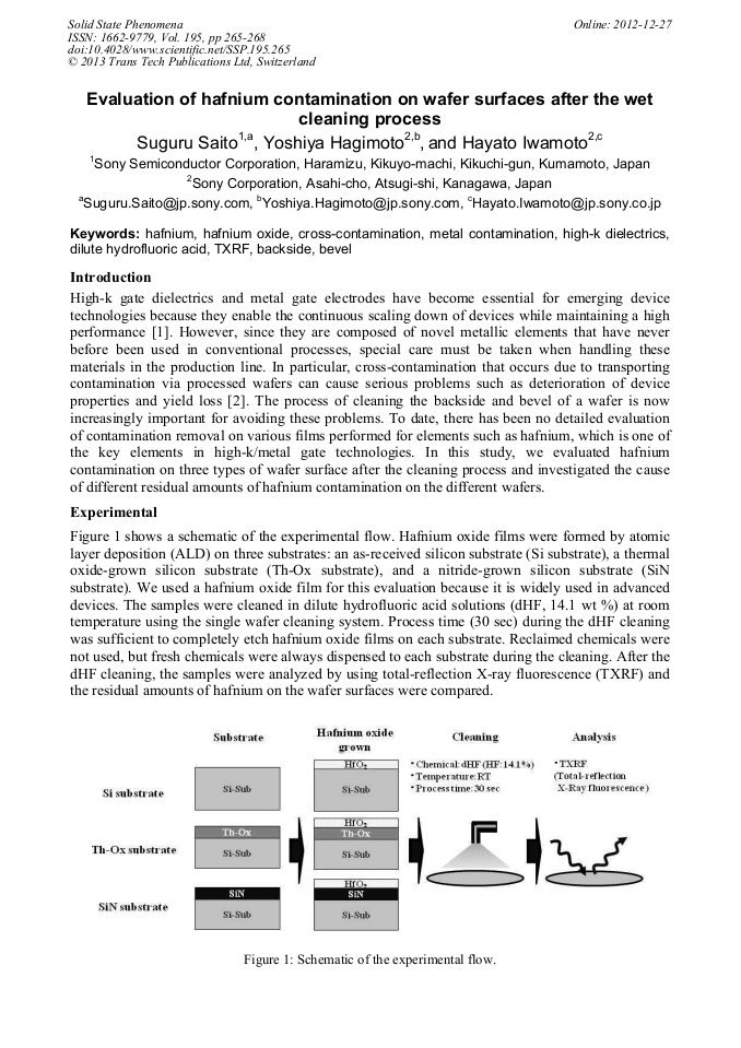 Evaluation of Hafnium Contamination on Wafer Surfaces after the Wet ...