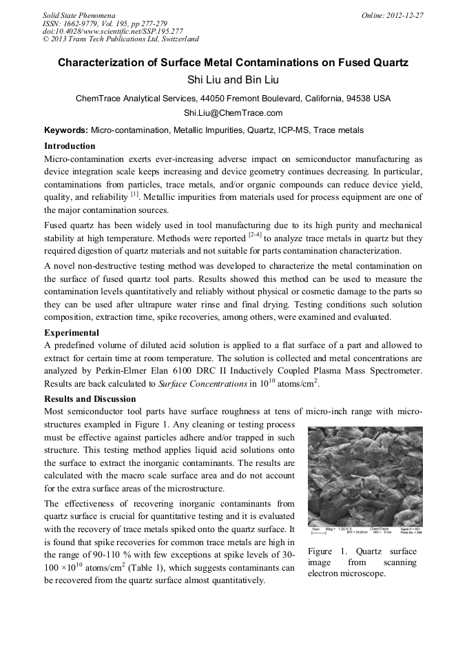 Characterization of Surface Metal Contaminations on Fused Quartz ...