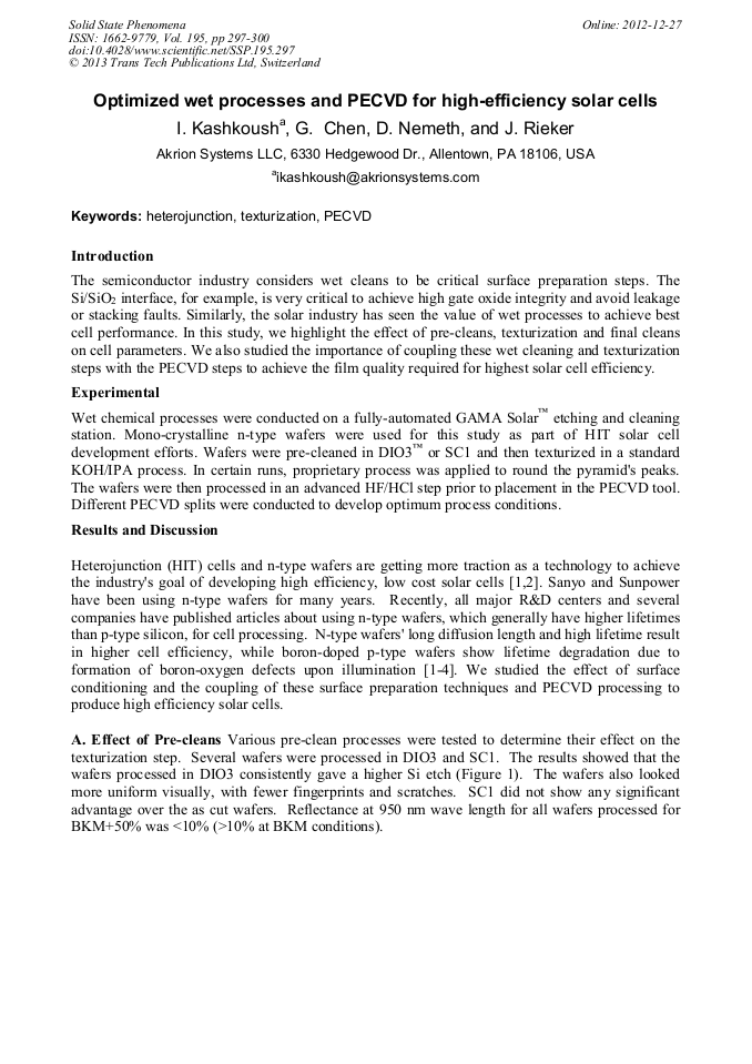 Optimized Wet Processes and PECVD for High-Efficiency Solar Cells ...