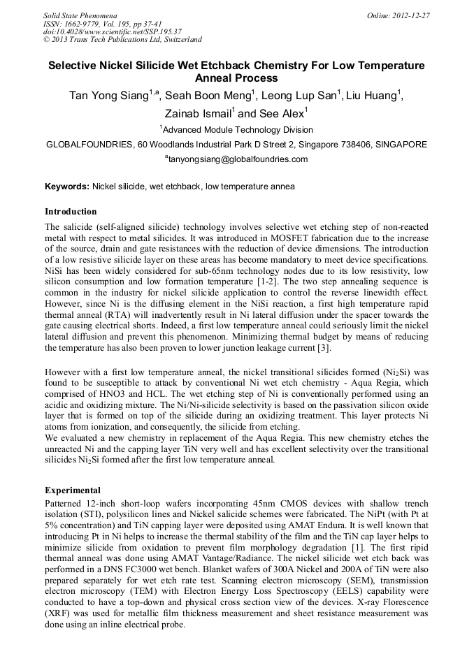 Selective Nickel Silicide Wet Etchback Chemistry for Low Temperature ...