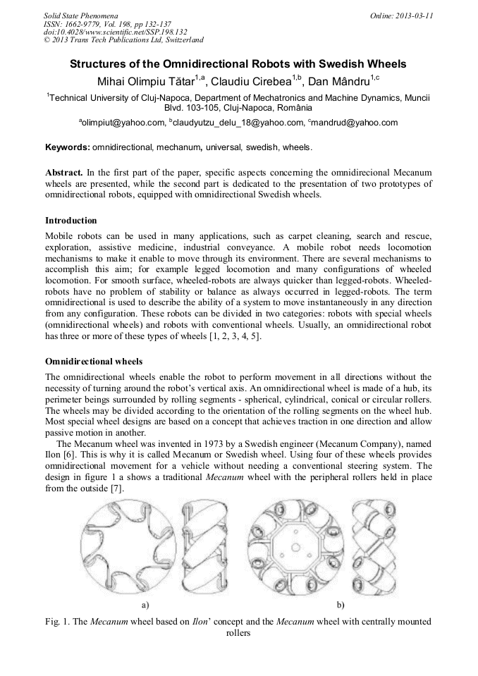 Structures of the Omnidirectional Robots with Swedish Wheels ...