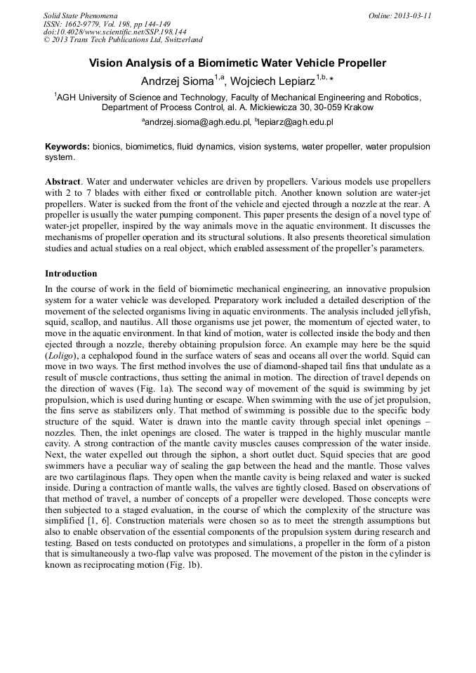Vision Analysis of a Biomimetic Water Vehicle Propeller | Scientific.Net