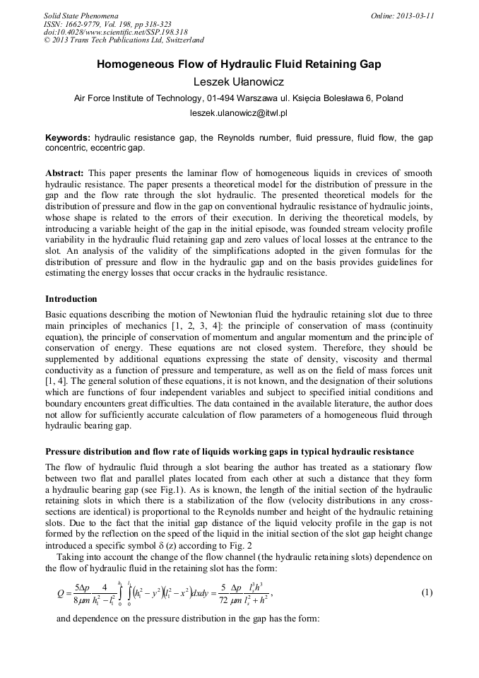 Homogeneous Flow of Hydraulic Fluid Retaining Gap | Scientific.Net