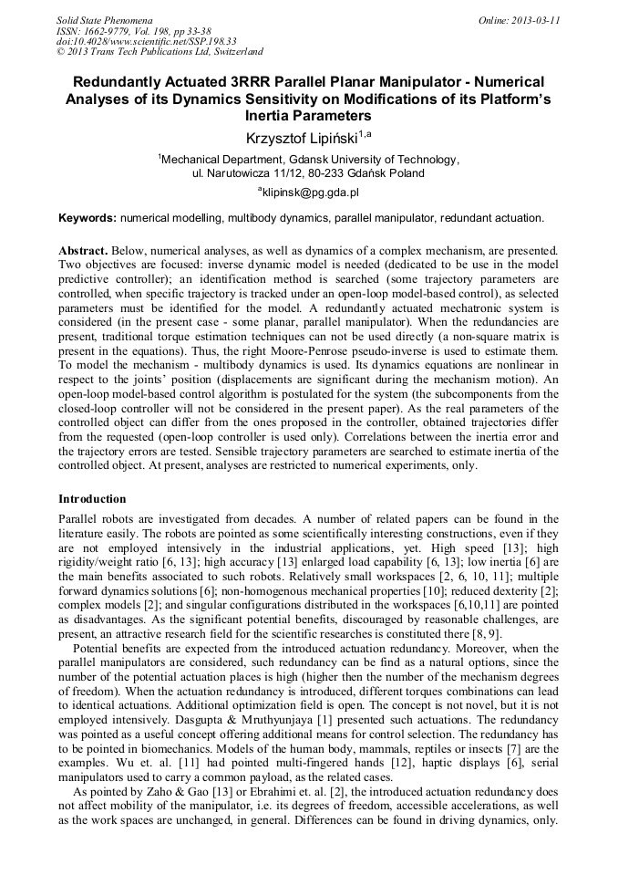 Redundantly Actuated 3RRR Parallel Planar Manipulator - Numerical ...