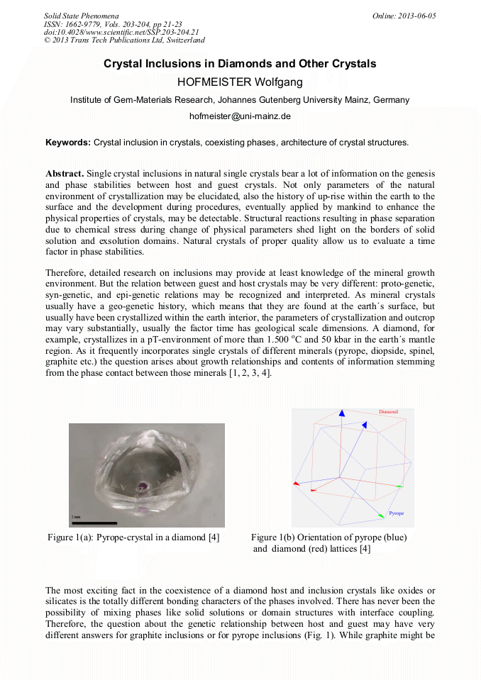 Crystal Inclusions in Diamonds and Other Crystals | Scientific.Net