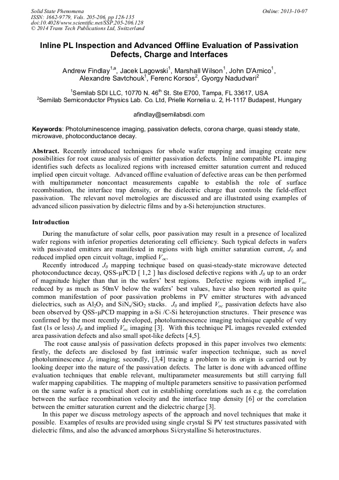 Inline PL Inspection and Advanced Offline Evaluation of Passivation ...