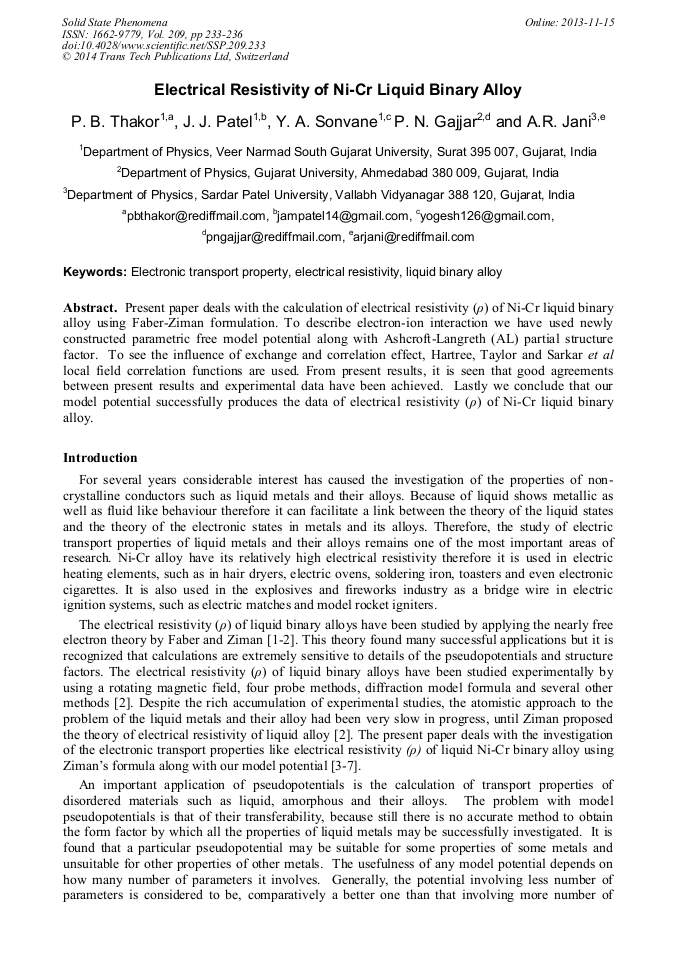 Electrical Resistivity of Ni-Cr Liquid Binary Alloy | Scientific.Net