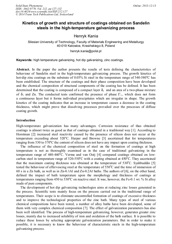 Kinetics of Growth and Structure of Coatings Obtained on Sandelin ...