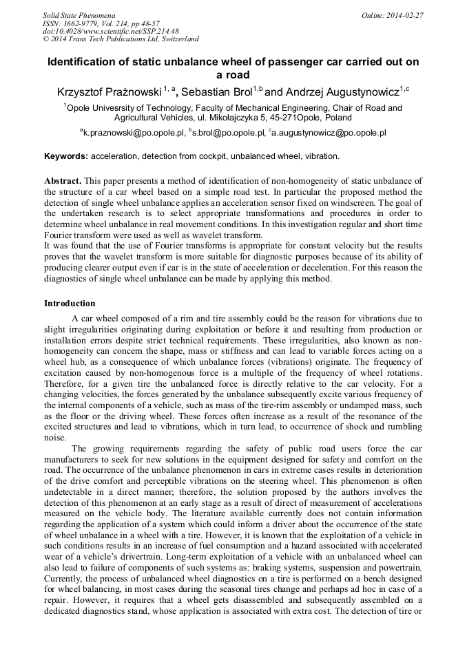Identification of Static Unbalance Wheel of Passenger Car Carried out ...
