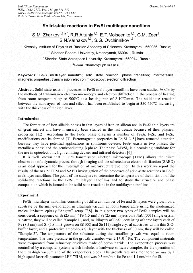 Solid-State Reactions in Fe/Si Multilayer Nanofilms | Scientific.Net
