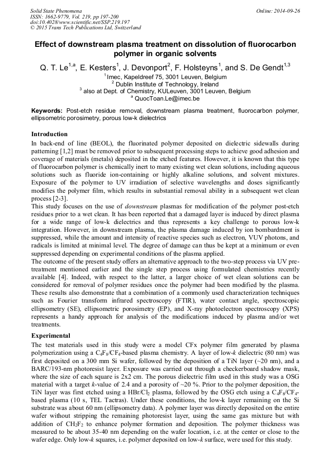 Effect of Downstream Plasma Treatment on Dissolution of Fluorocarbon ...