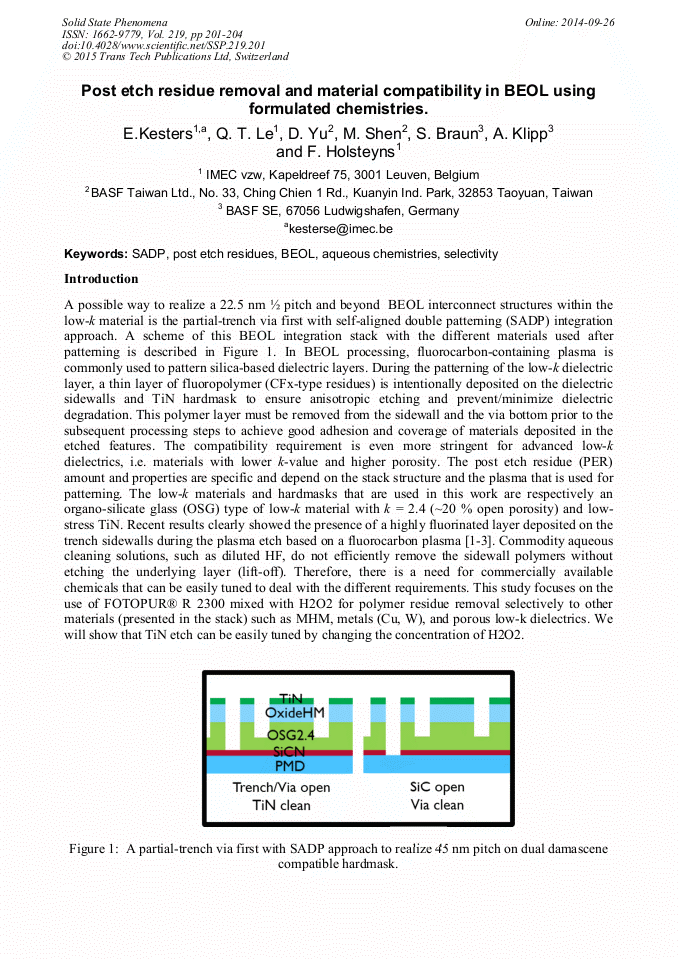 Post Etch Residue Removal and Material Compatibility in BEOL Using ...