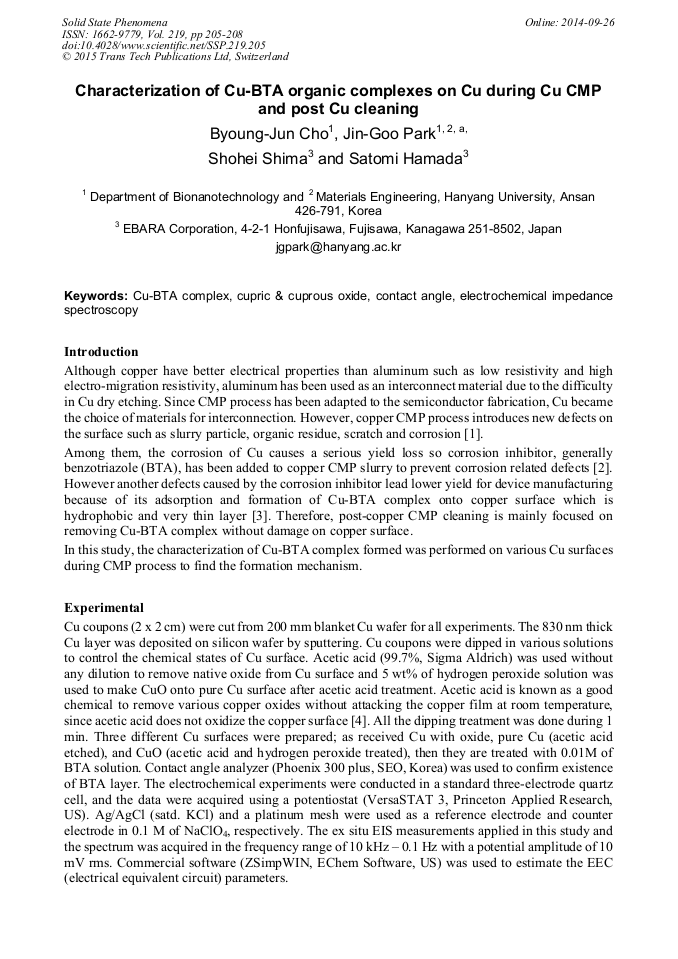 Characterization of Cu-BTA Organic Complexes on Cu during Cu CMP and ...