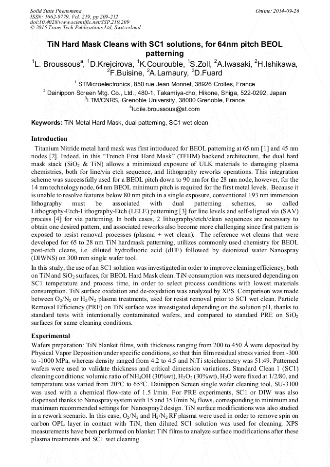 TiN Hard Mask Cleans with SC1 Solutions, for 64nm Pitch BEOL Patterning ...