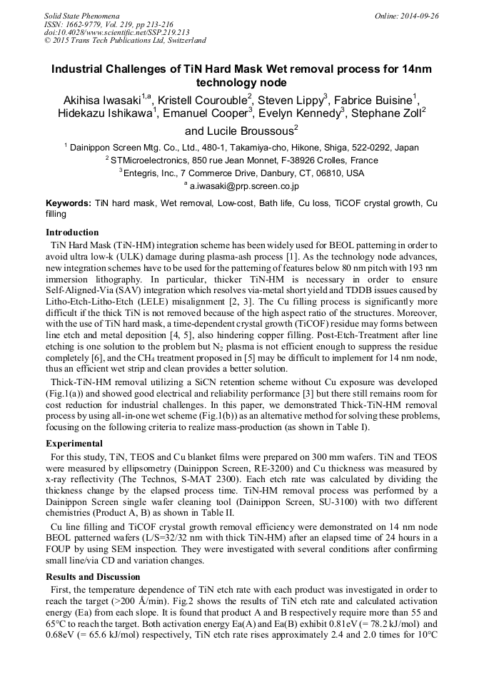 Industrial Challenges of TiN Hard Mask Wet Removal Process for 14nm ...