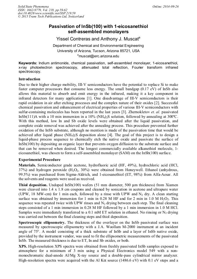 Passivation of InSb(100) with 1-Eicosanethiol Self-Assembled Monolayers ...