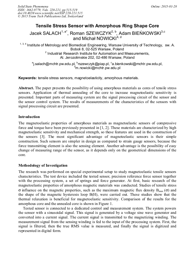 Tensile Stress Sensor with Amorphous Ring Shape Core | Scientific.Net